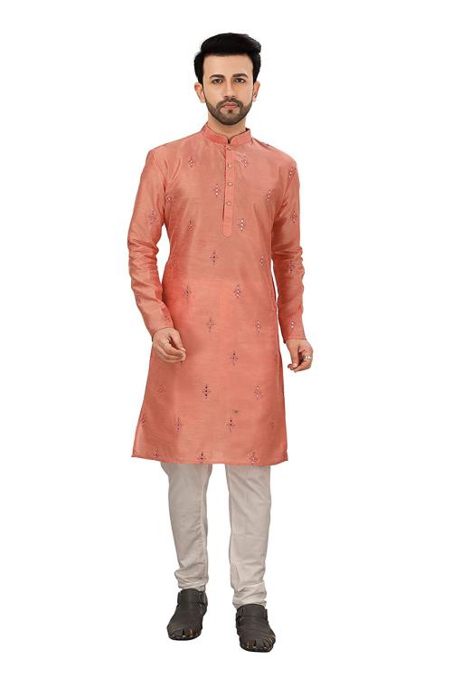 Buy HEORA Mens Peach Silk Blend Kurta Pyjama Set for Ethnic and ...