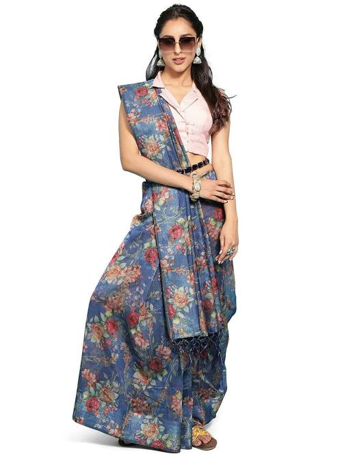 Buy Dungrani Blue Floral Georgette Women Saree With Blouse Pic Online ...