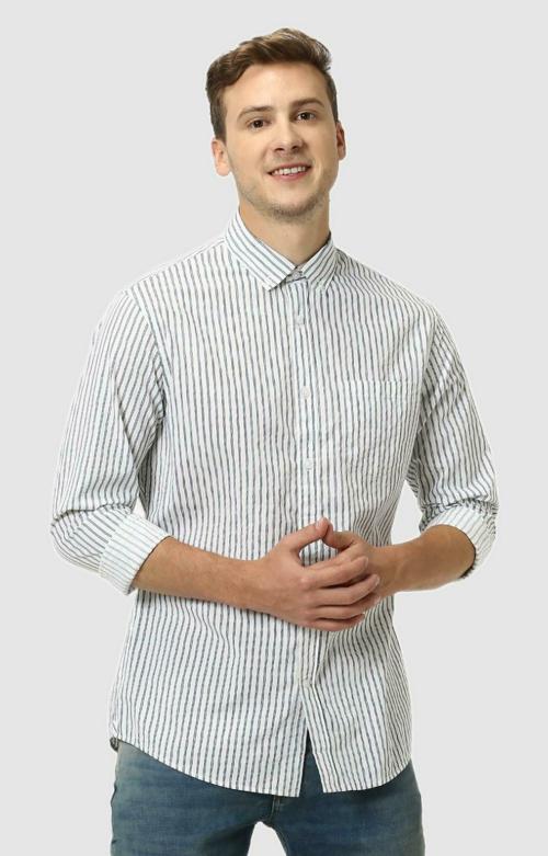 Buy Celio Men's White Cotton Striped Casual Shirts Online at Best ...