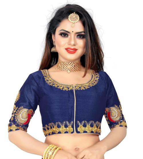 Buy Jay Pal Women Dark Blue Embriodered Cotton Silk Round Neck Blouse ...