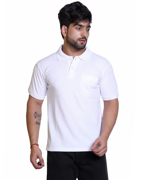 Buy OMAV D' SIGN Men's White Polo Neck Half Sleeve Solid T-Shirt Online ...