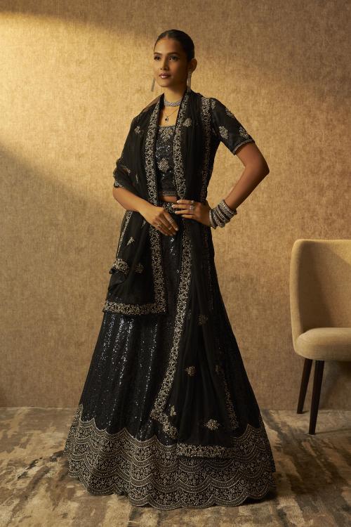 Buy Soch Women's Black Net Unstitched Lehenga Set With Sequins Online ...