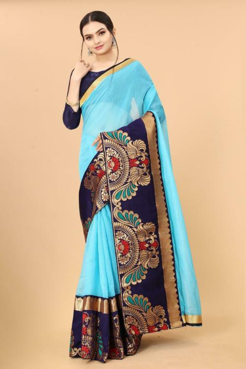 Buy Febo Fashion Women Navy Woven Design Pure Cotton Single Saree ...