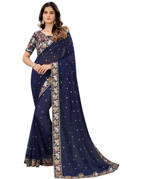 Buy VELLY Women Blue Embellished Georgette Bollywood Sare Online at ...