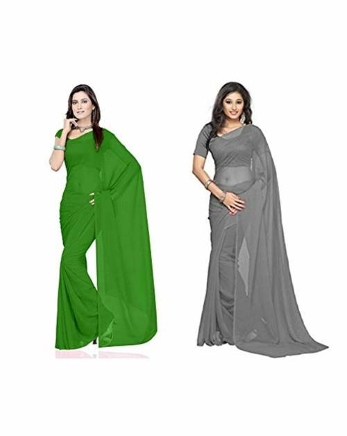 Buy XFY Women Light Grey and Green Solid Georgette Saree with Unstitched Blouse Piece (Pack of 2 ...