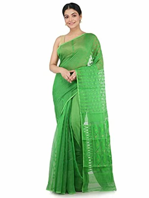 Buy PinkLoom Women Green Handloom Pure Cotton Jamdani Saree Without Blouse Piece Online at Best ...