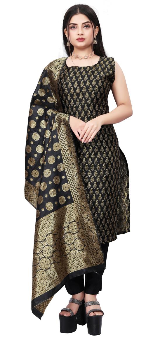 Buy Eilara Women's Silk Blend Black Straight Kutra, Pant with Dupatta ...