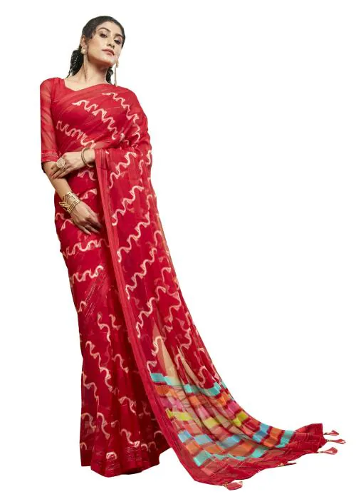 TRIVENI Red Chiffon Lahariya Print Saree - JioMart