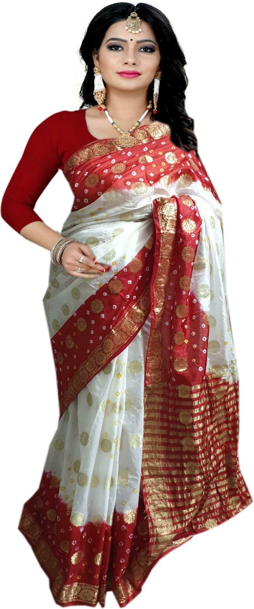 Buy Stylish Sarees Women White and Red Woven and Hand Painted Art Silk ...