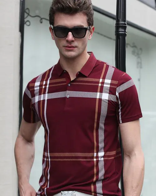 Buy EyeBogler Check Men Polo Neck Regular Fit Half Sleeves Wine Red T ...