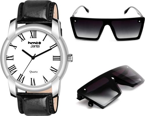 Buy HMTO Round White And Black Analog Watch And Sunglass Combo Online ...