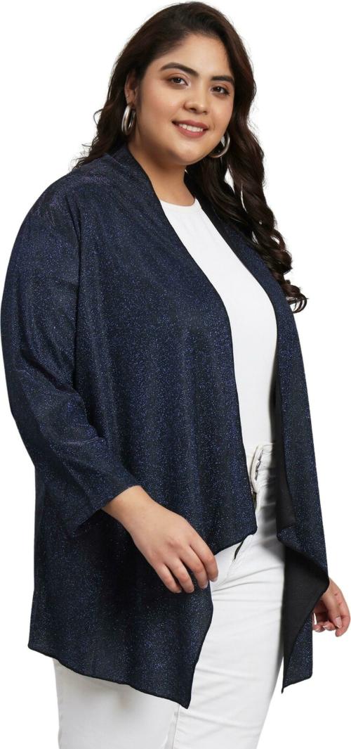 Buy UR SENSE Women Dark Blue Embellished Cotton Blend Straight Shrug ...