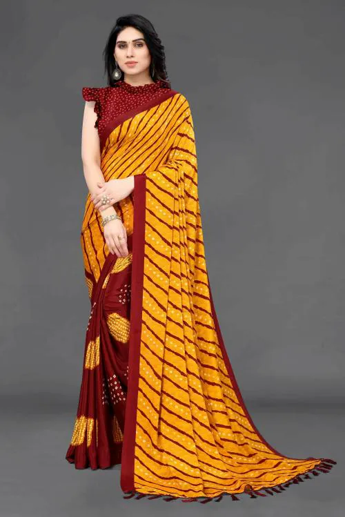 Buy sareya veela Leheria Women Maroon and Yellow Striped Pure Silk ...