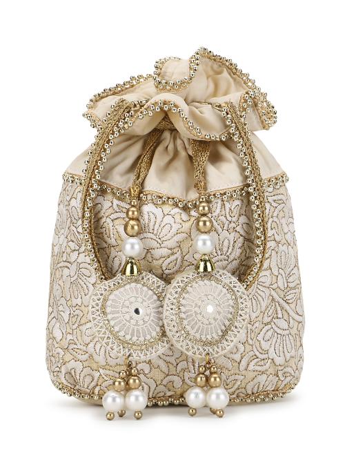 Buy Anekaant Dangle Cream & Gold Floral Embroidered Faux Silk Potli Online at Best Prices in ...