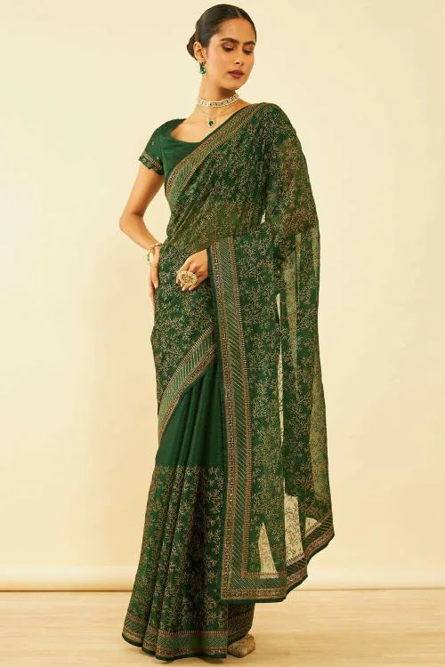 Buy Soch Womens Green Chiffon Zari Embroidered Saree Online at Best ...