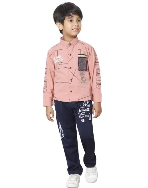 Buy Dkgf Fashion Boys Pink Printed Cotton Blend Casual Shirt Pant ...