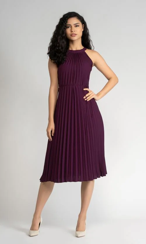 Buy AASK Women's Elegant Belted Pleated Sleeveess Short Dress Purple ...