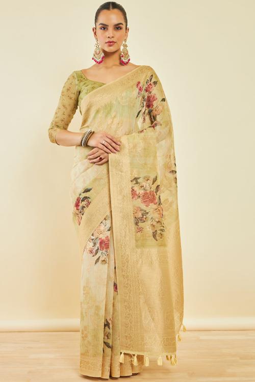 Buy Soch Yellow Tussar Silk Saree With Floral Print And Zari Woven Designs Online at Best Prices ...