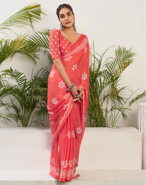 Buy Siril Chiffon Red Color Saree with Blouse piece Online at Best ...