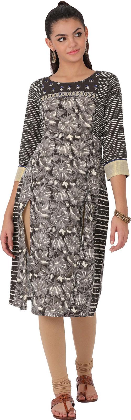 Buy Span Women Grey Printed Cotton Rayon Frontslit Kurta Online at Best ...