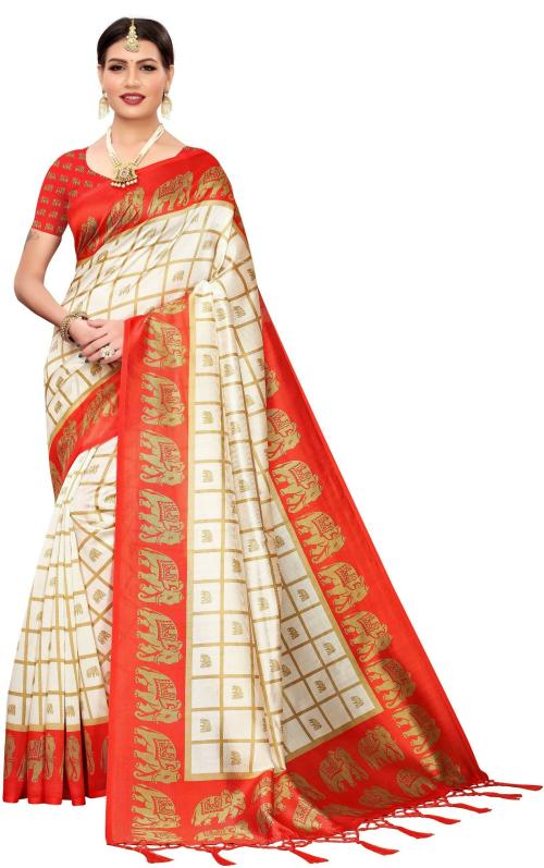 Buy SUALI Women White Checkered Art Silk Single Saree Online at Best ...