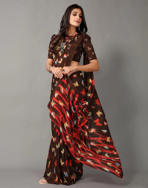 Buy Siril Georgette Brown Color Georgette Saree with Blouse piece ...