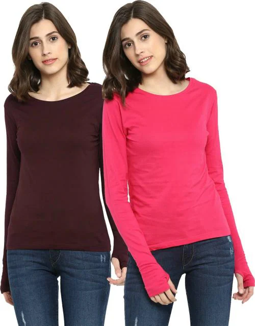 Buy Ap'pulse Women Multicolor Solid Pure Cotton T-Sh Online at Best ...