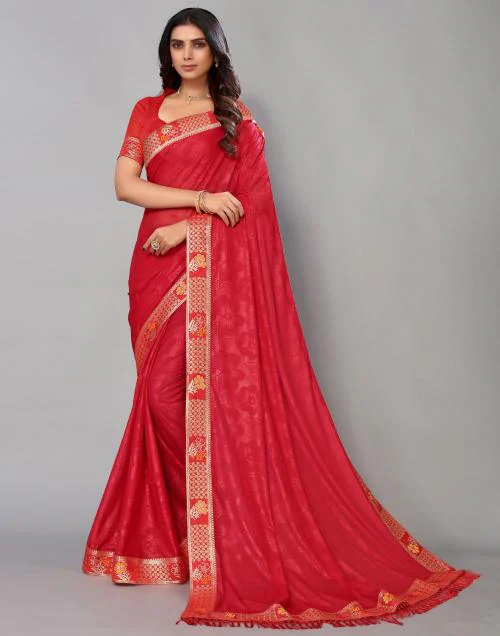 Buy Siril Lycra Blend Red Color Saree with Blouse piece | sarees for ...