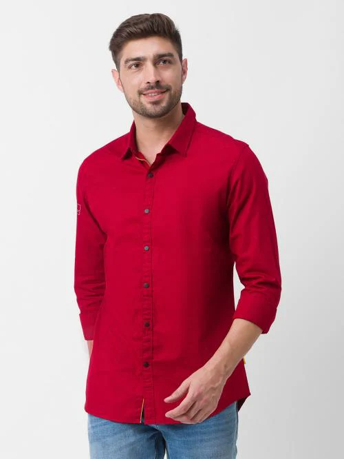 Buy Spykar Deep Red Cotton Full Sleeve Plain Shirt For Men Online at ...