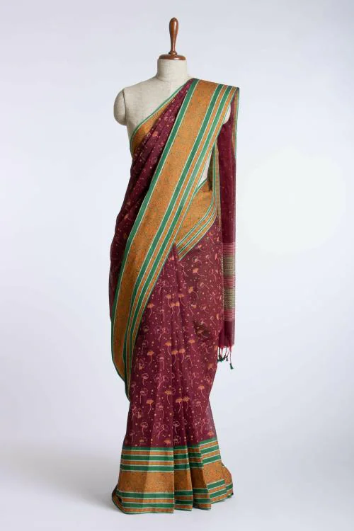 Buy Ksr Handlooms Kanchi Cotton saree with Plum Burgundy color with ...