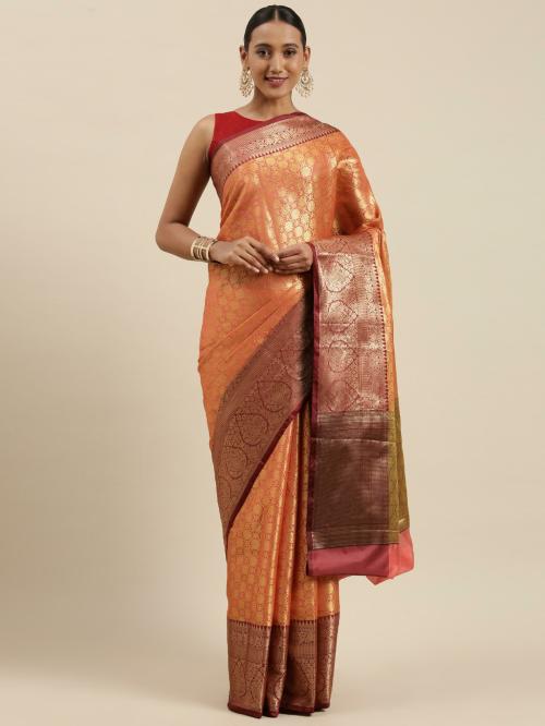 Buy PTIEPLBanarasi peach kanchi silk maroon pattu border banarasi saree ...