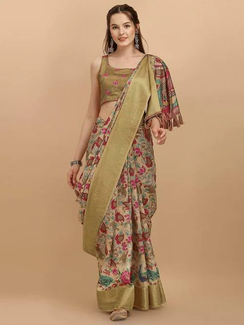 Buy Dungrani Women Beige Kalamkari Silk Saree With Unstitched Blouse ...