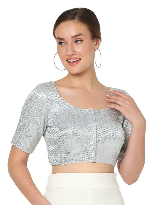 Buy Salwar Studio Women's Silver Silk Blend Self Design Readymade Saree Blouse Online at Best ...