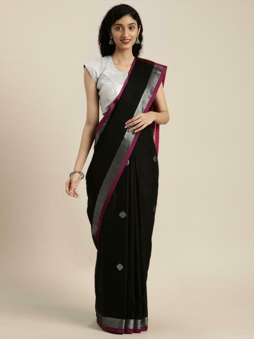 Buy VASTRANAND Women Black Linen Blend Woven Design Saree Online at ...