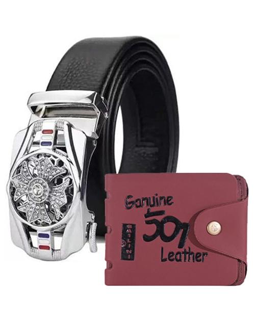Buy Clasicox: Black Belt & Brown Wallet Combo with Silver Auto-Lock ...