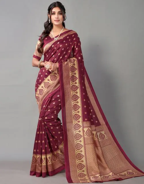 Buy Siril Poly Silk Maroon Color Saree with Blouse piece Online at Best ...