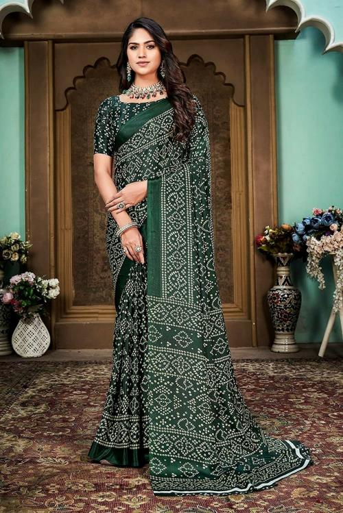 Buy SWIFFIN Soft Silk Bandhani Green Saree For Women/Women Saree With ...