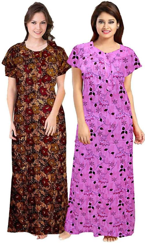 Buy Mudrika Women Multicolor Floral Pure Cotton Pack of 2 Nighty Online ...