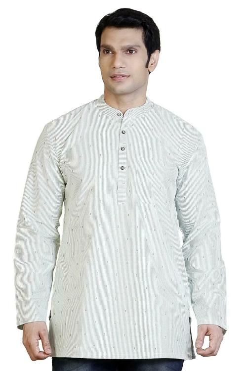 Buy ARCHATTIRE Men White and Green Striped Cotton Designer Short Kurta ...