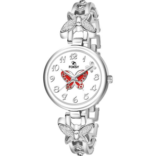 Buy Foksy FKS-1031W White Studded Dial And Silver Trendy Elegant ...