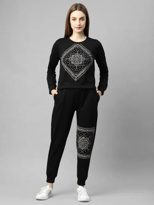 Buy Rigo Women Black Printed Round Neck Terry Track Suit Online at Best ...