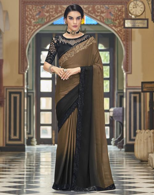 Buy Satrani Chiffon Brown & Black Color Saree with Blouse piece | sarees for Women| saree ...