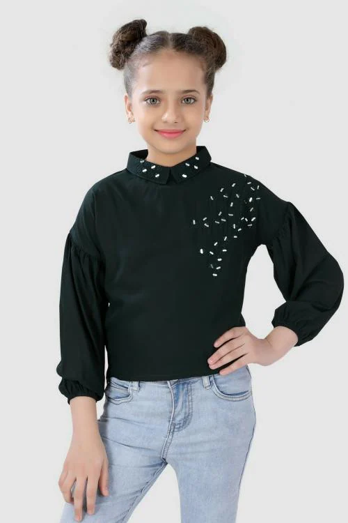 Buy POPLINS Green Embellished Cotton Blend Regular Length Top For Girls ...