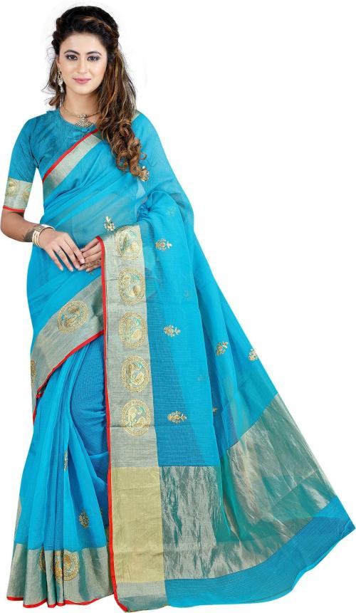 Buy Stylish Sarees Women Light Blue Woven Cotton Blend Saree Online at ...