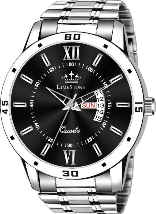 Buy Limestone Day and Date Function Black Dial Silver Strap Analog ...