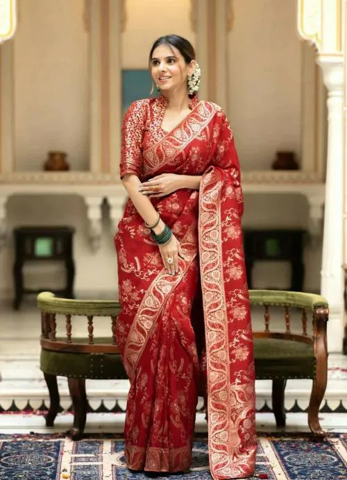 Buy ZILVIRA Women JACQUARD Woven Design Work RED Color Saree For women ...