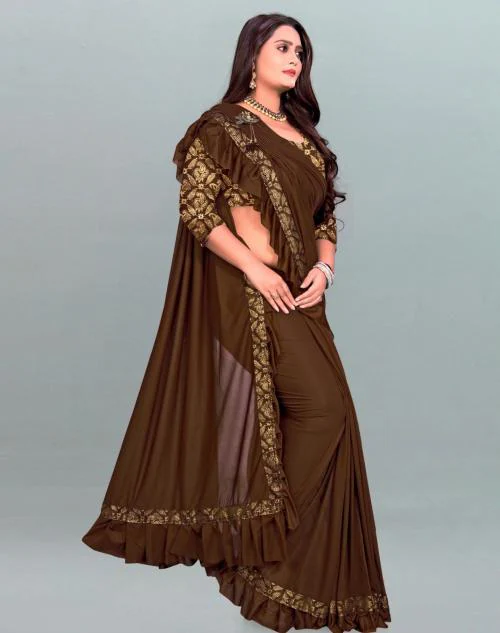 Buy Siril Lycra Blend Brown Color Saree With Blouse Piece | sarees for ...