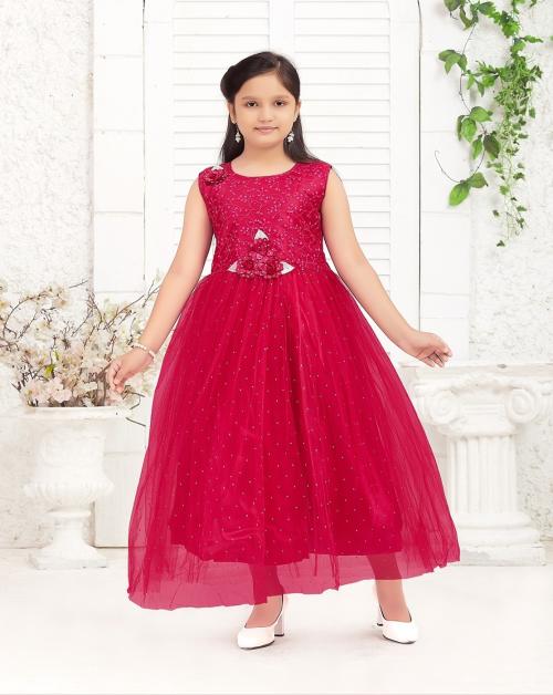 Buy Muhuratam Girls Party Wear Rani Colour Embroidery Net Gown Online ...