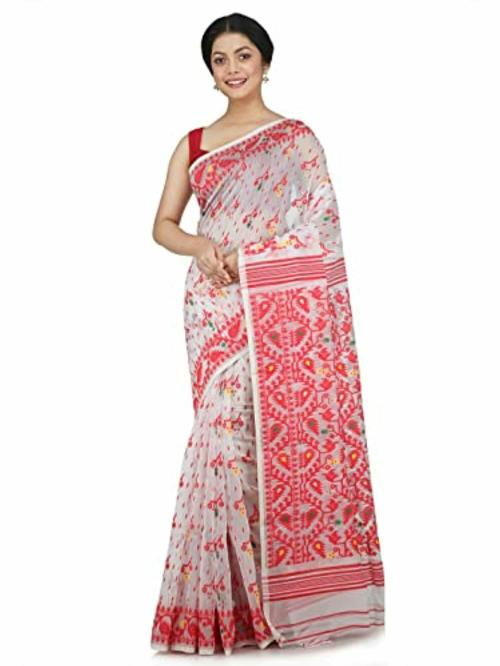 Buy PinkLoom Women White Woven Jamdani Saree without Blouse Piece Online at Best Prices in India ...