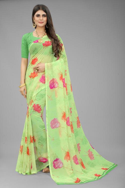 Buy NISHA CREATION Women Beige Digital Print Chiffon Single Saree ...